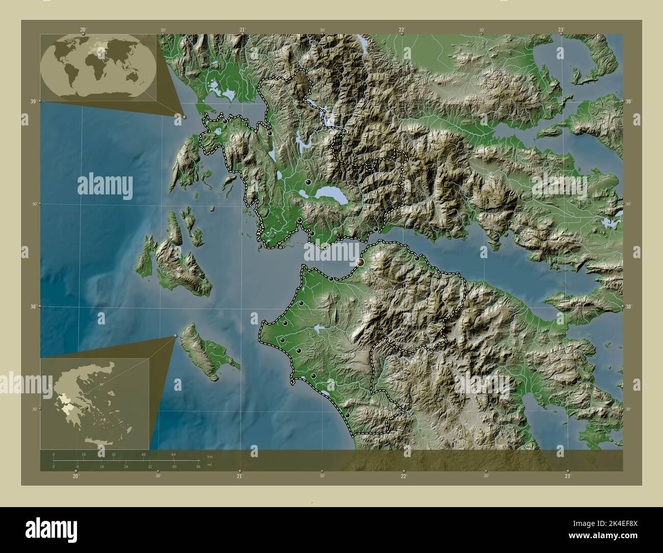 Western Greece, decentralized administration of Greece. Elevation map ...