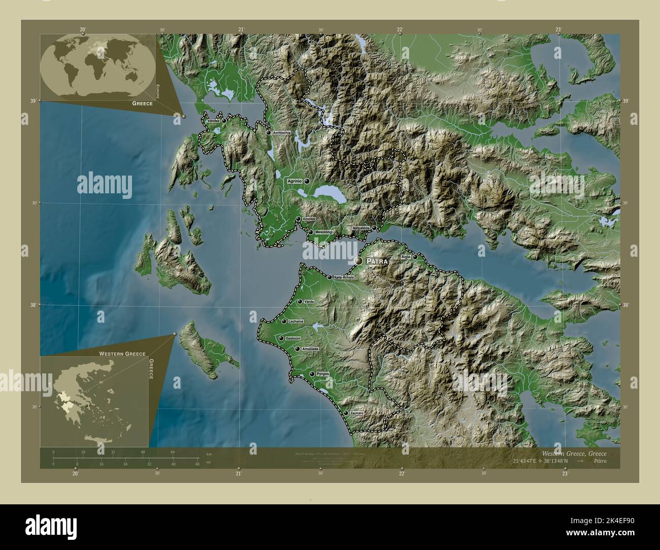 Western Greece, decentralized administration of Greece. Elevation map ...