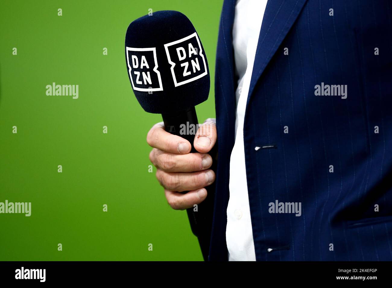 Milan, Italy. 01 October 2022. A microphone bearign DAZN logo is seen ...