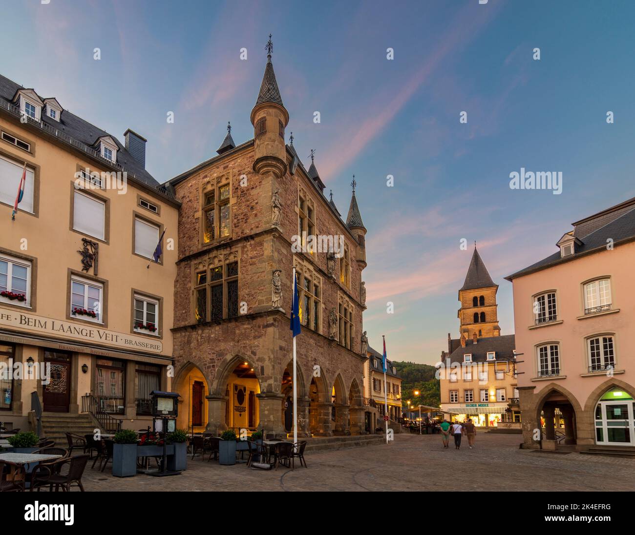 Echternach: square Marktplatz, town hall Denzelt, view to Abbey of ...