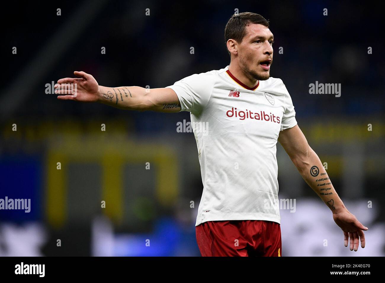 Milan, Italy. 01 October 2022. Andrea Belotti of AS Roma gestures ...