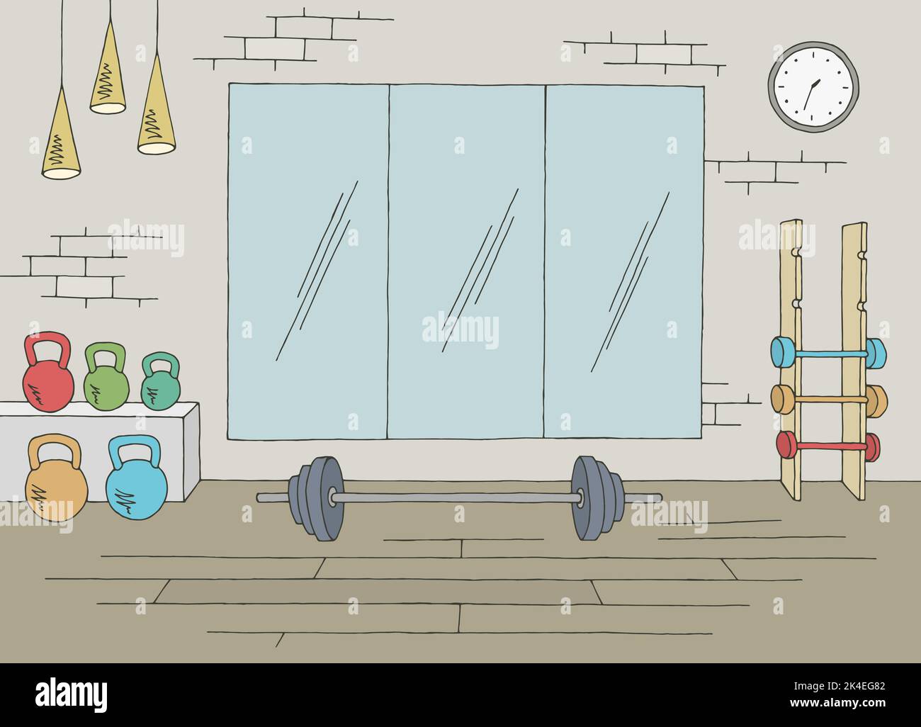 Weightlifting sport gym interior graphic color sketch illustration ...