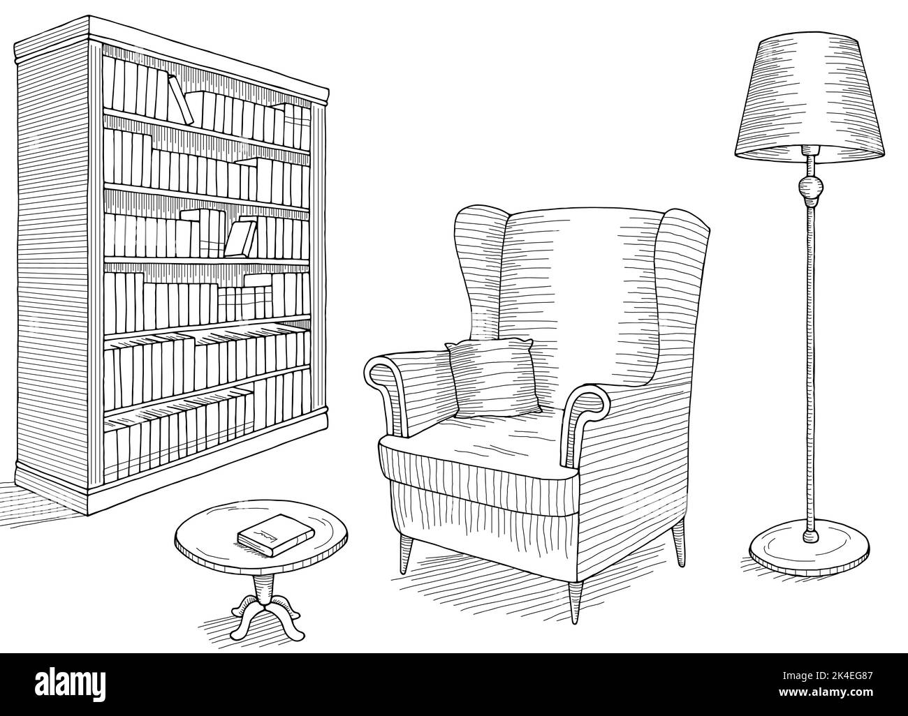 Library interior graphic black white sketch isolated illustration ...