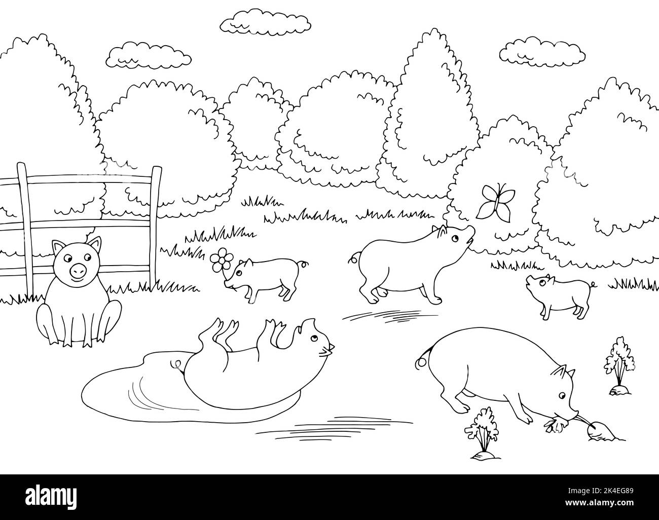 Funny pig farm yard graphic black white landscape sketch illustration ...