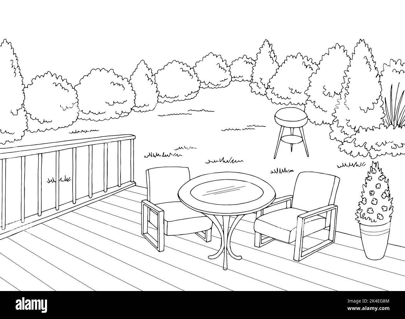 Backyard deck garden graphic black white sketch illustration vector ...