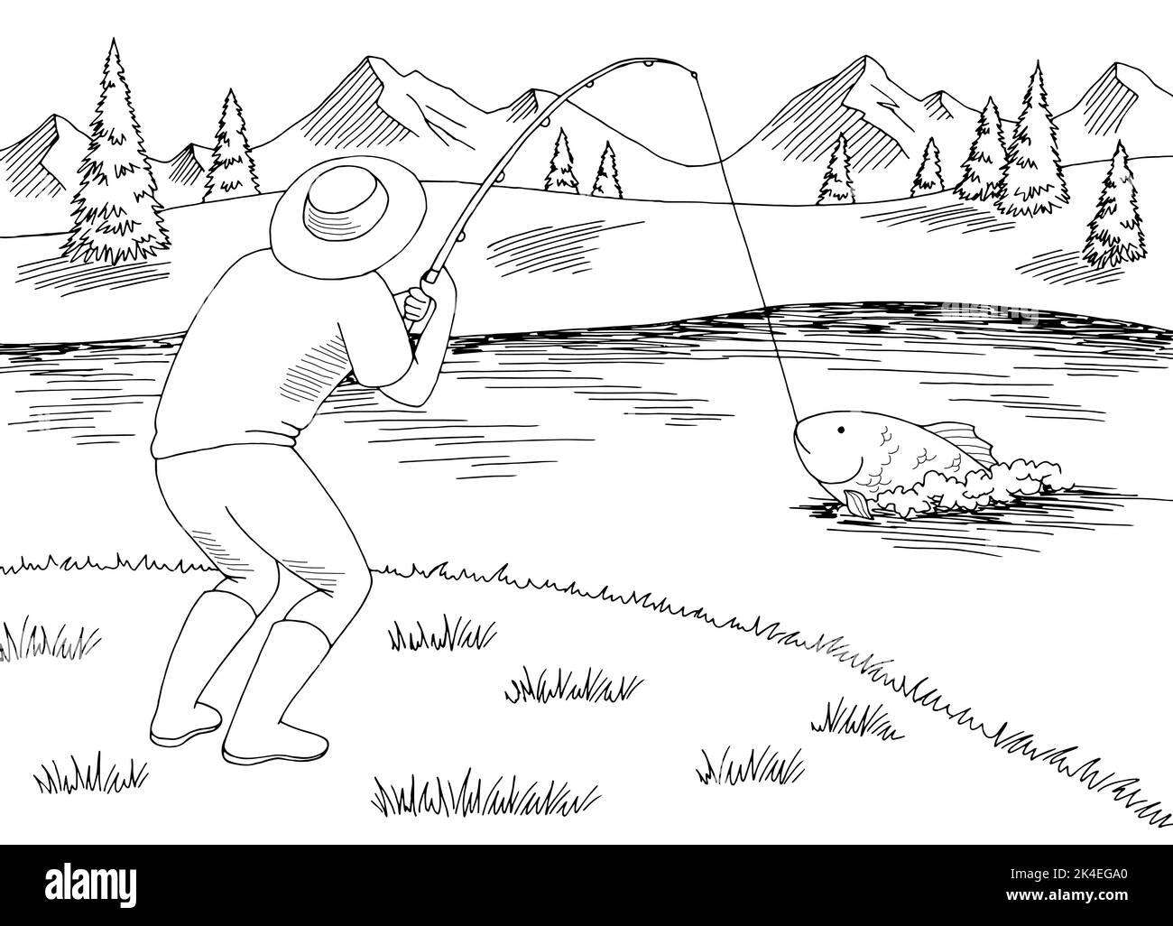 Fisherman graphic black white landscape sketch illustration vector ...