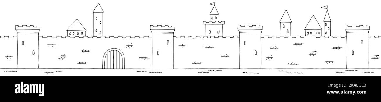 Castle graphic black white long landscape sketch illustration vector ...