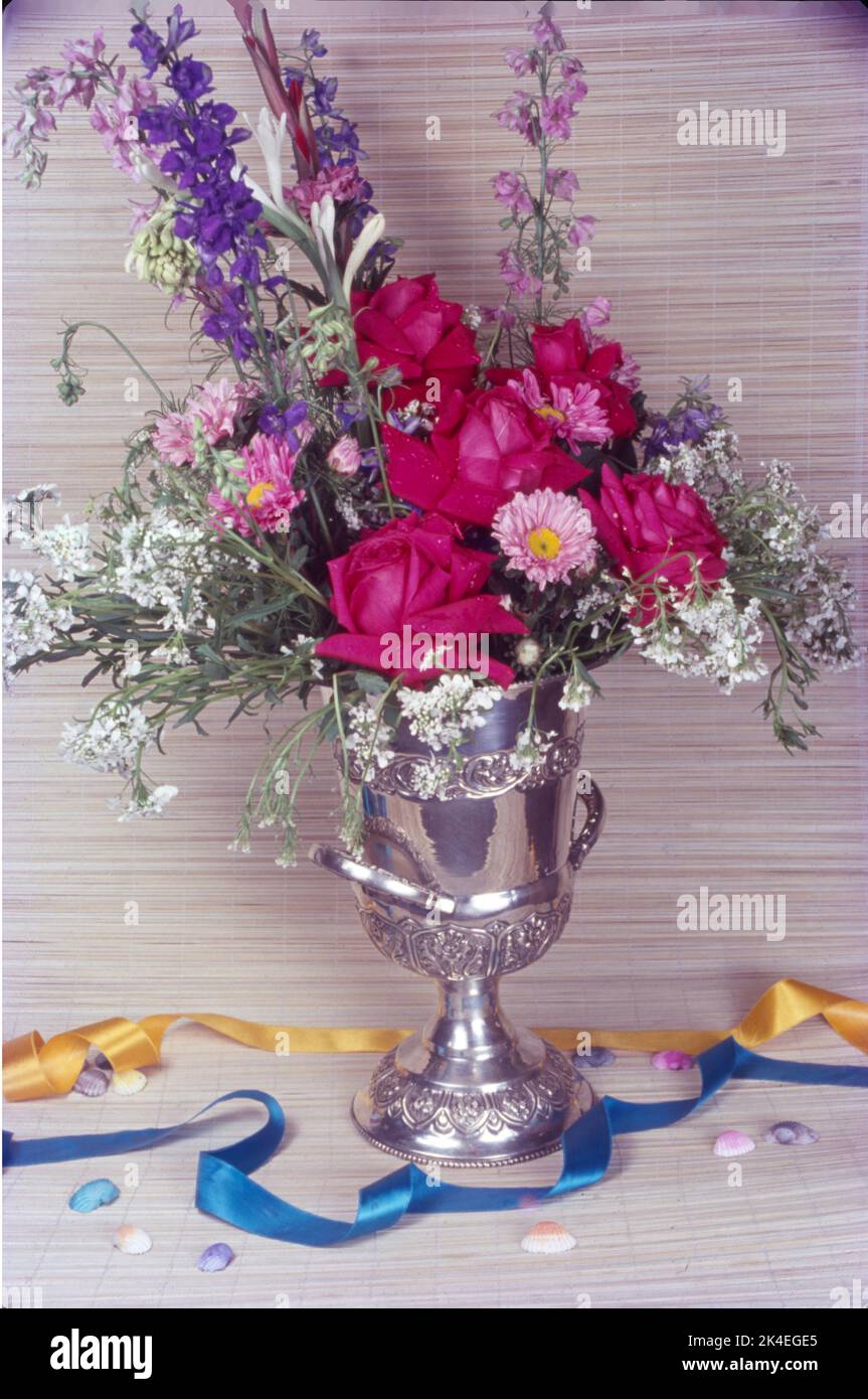 Flower Arrangement in Silver Trophy, India Stock Photo - Alamy
