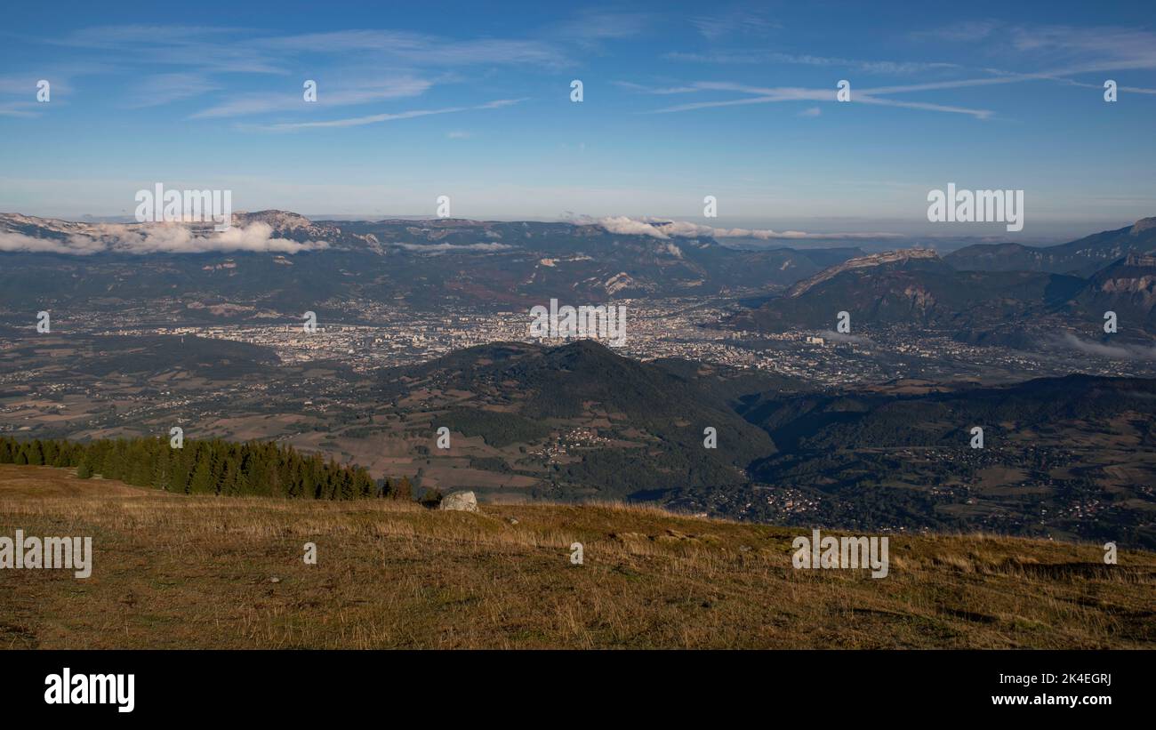 Valley with the city of Grenoble seen from the mountains of Chamrousse ...