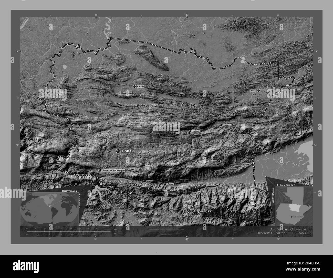 Alta Verapaz, department of Guatemala. Bilevel elevation map with lakes ...