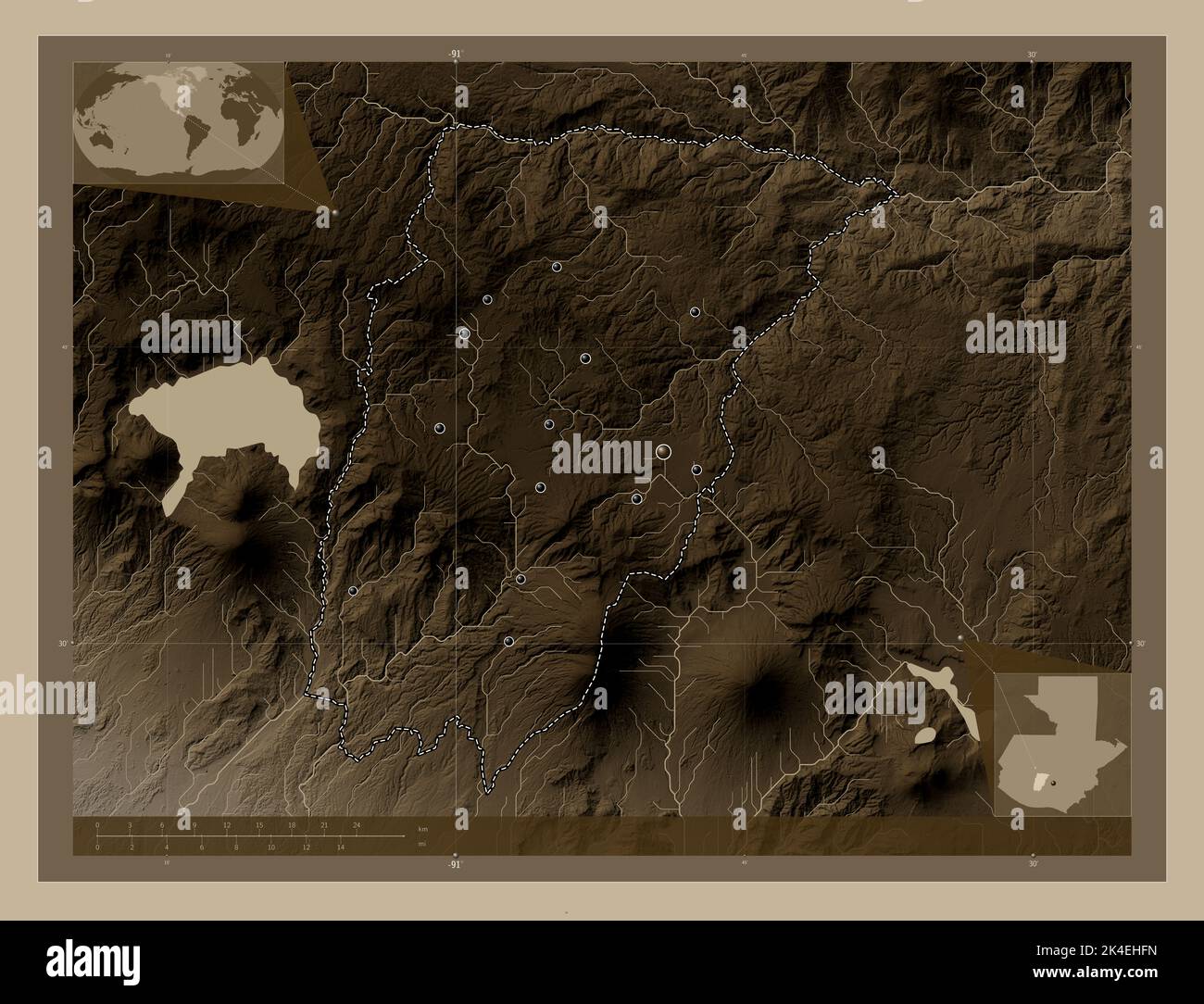 Chimaltenango, department of Guatemala. Elevation map colored in sepia ...