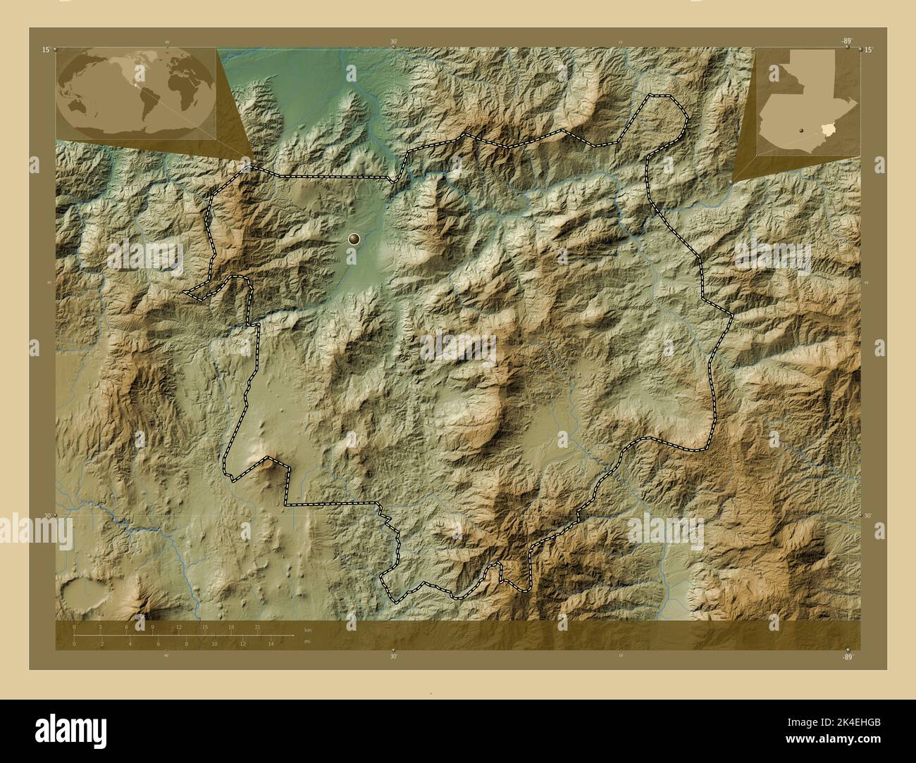 Chiquimula, department of Guatemala. Colored elevation map with lakes ...