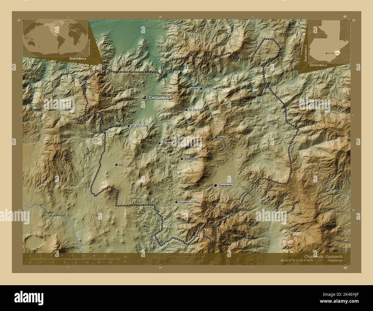 Chiquimula, department of Guatemala. Colored elevation map with lakes ...