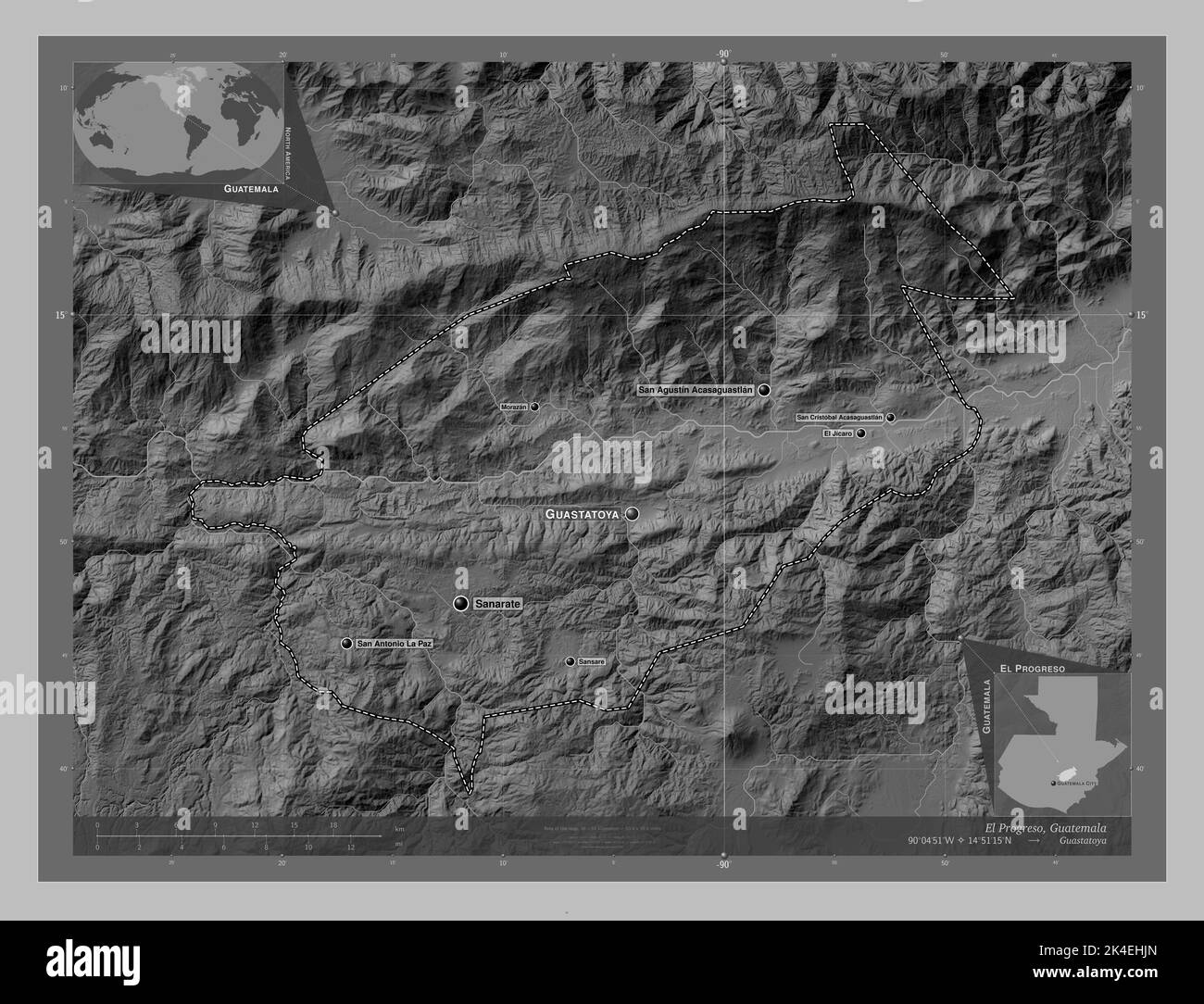 El Progreso, department of Guatemala. Grayscale elevation map with ...