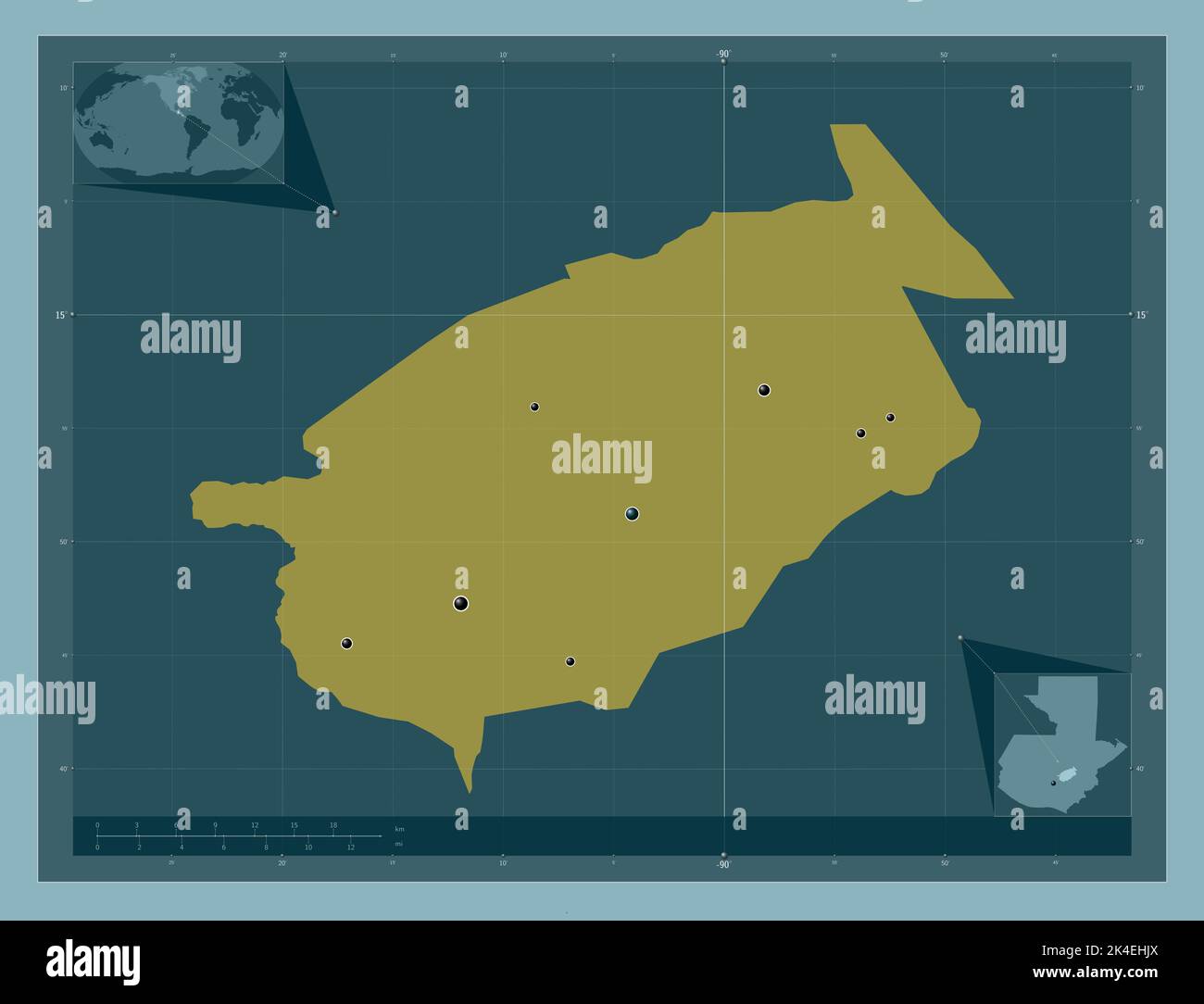 El Progreso, department of Guatemala. Solid color shape. Locations of ...
