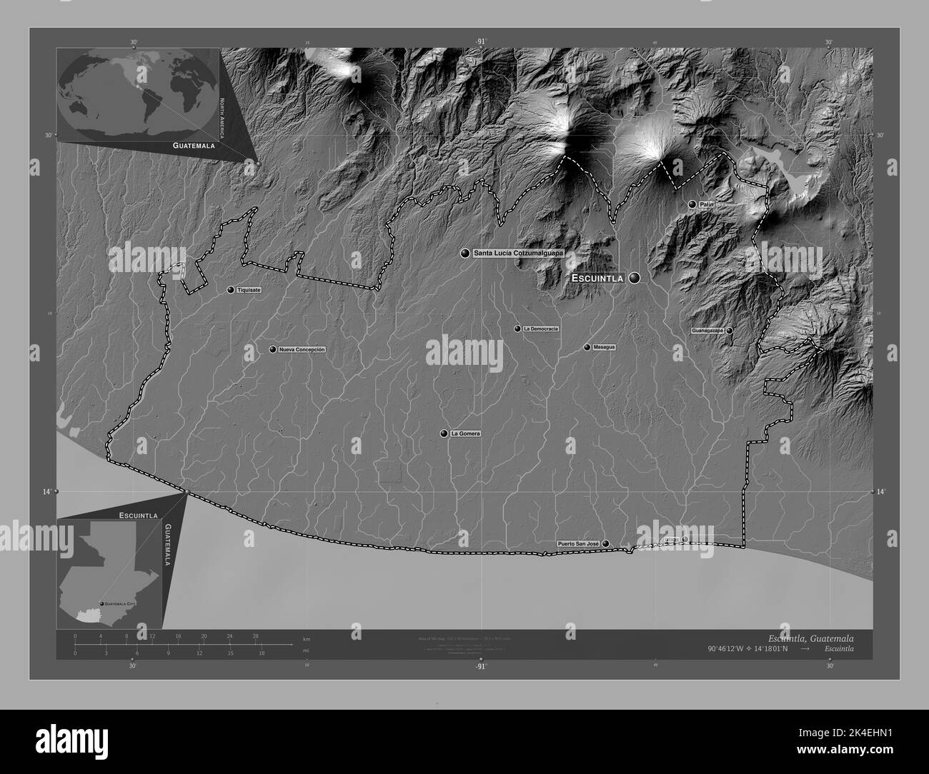 Escuintla, department of Guatemala. Bilevel elevation map with lakes ...