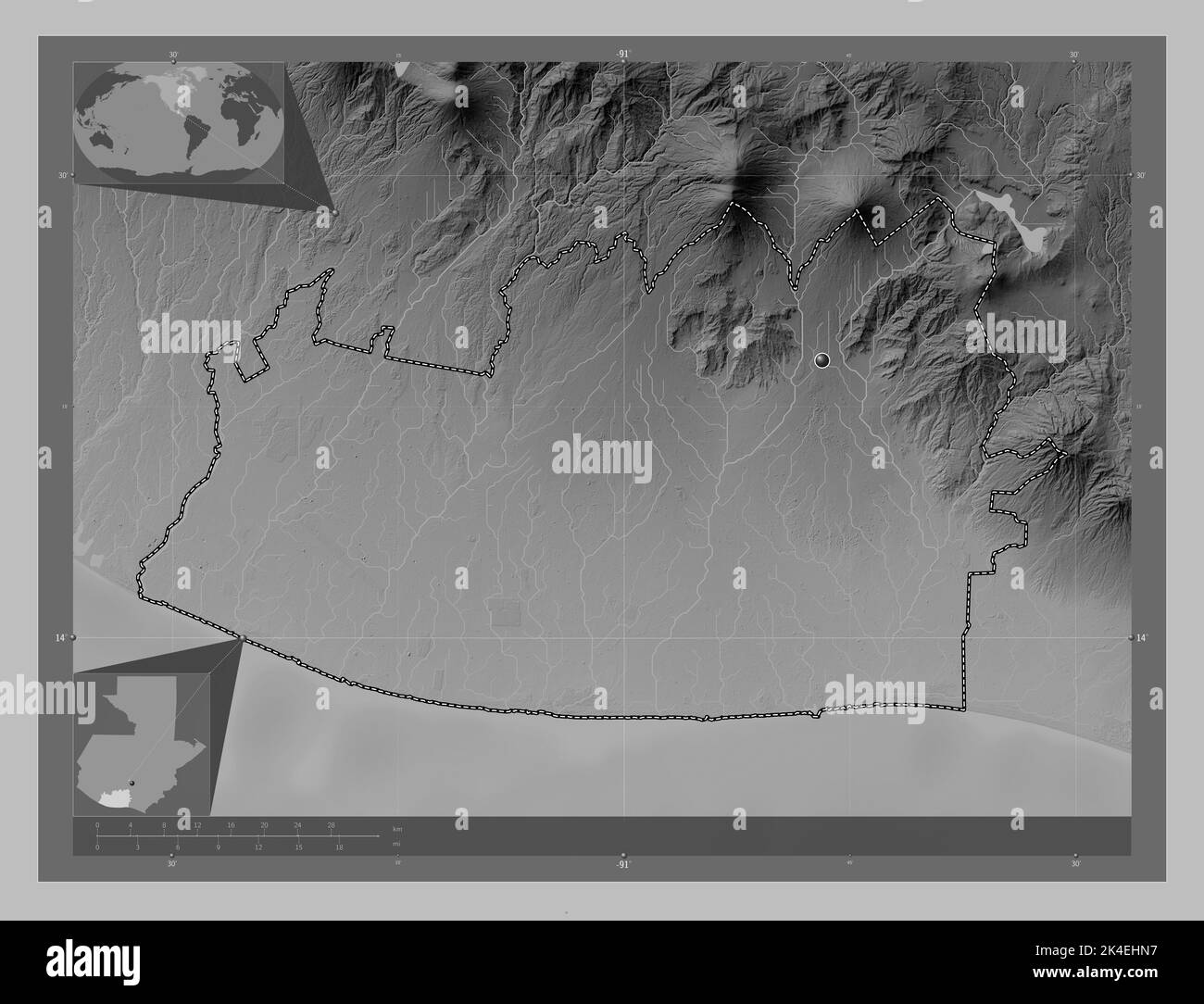 Escuintla, department of Guatemala. Grayscale elevation map with lakes and rivers. Corner ...