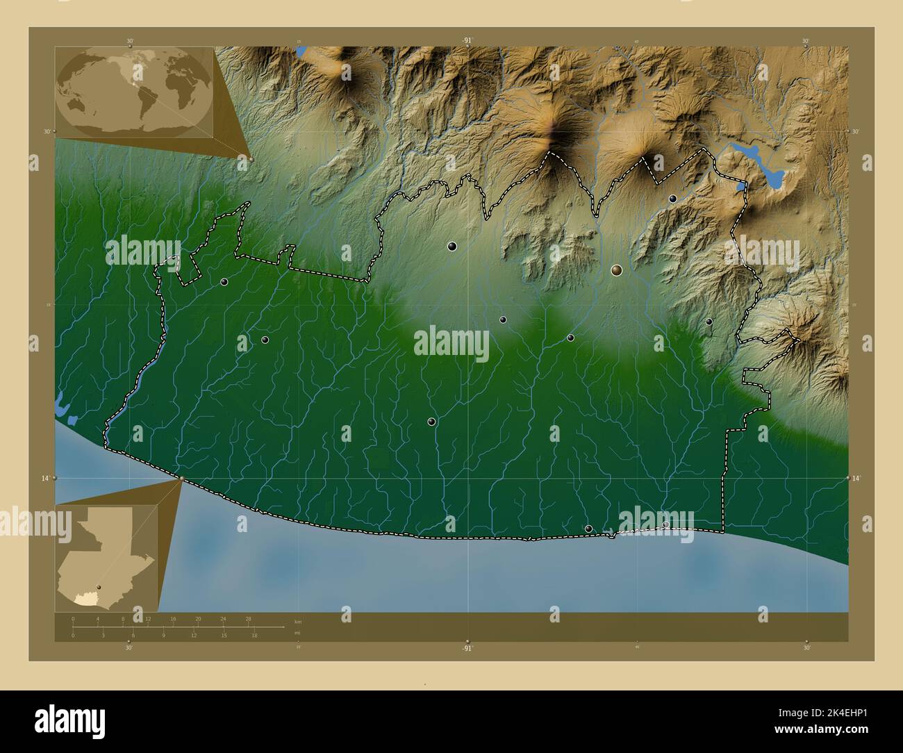 Escuintla, department of Guatemala. Colored elevation map with lakes ...