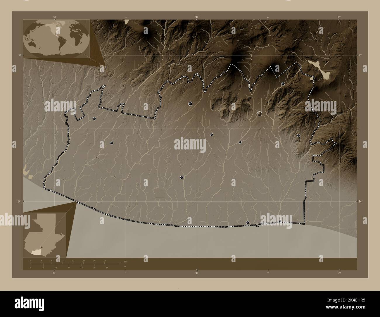 Escuintla, department of Guatemala. Elevation map colored in sepia ...