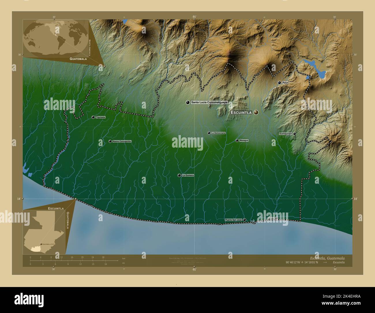 Escuintla, department of Guatemala. Colored elevation map with lakes ...