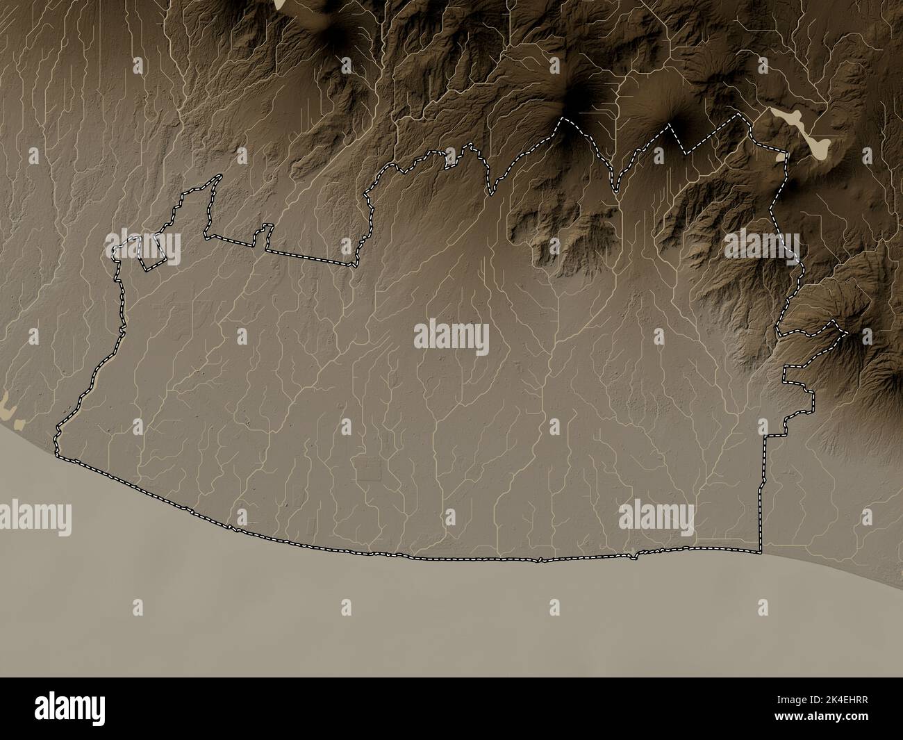 Escuintla, department of Guatemala. Elevation map colored in sepia ...