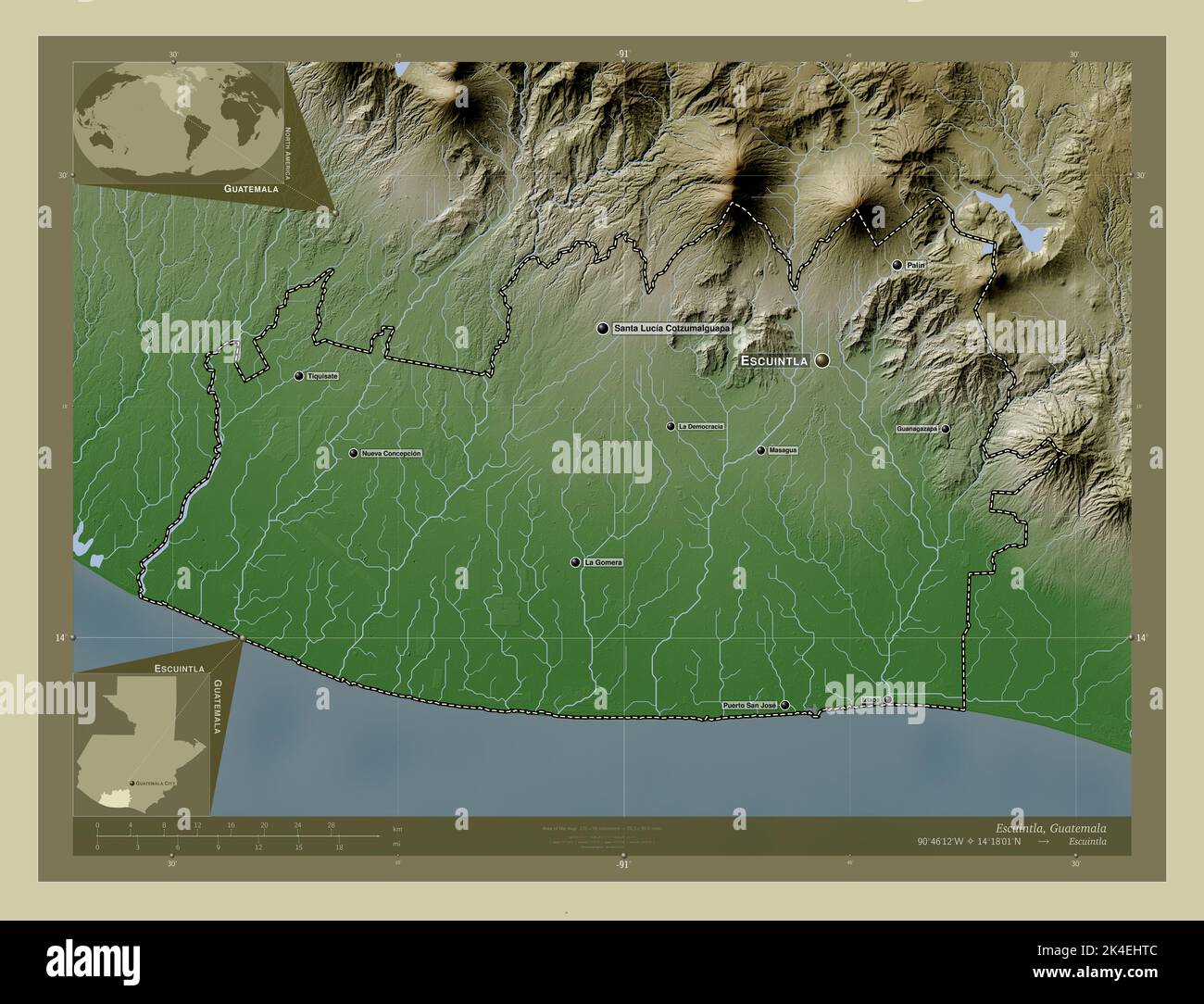 Escuintla, department of Guatemala. Elevation map colored in wiki style ...