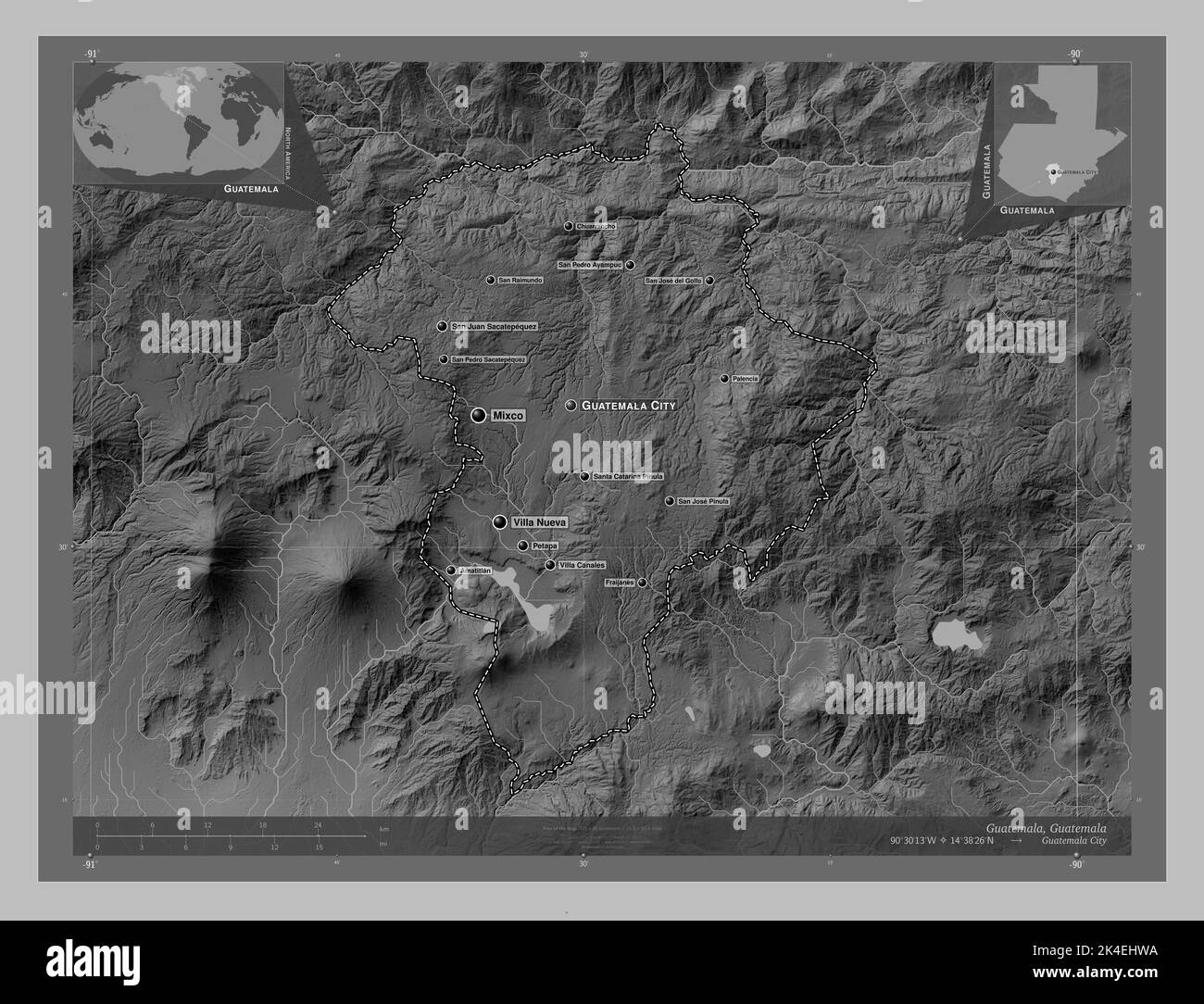 Guatemala, department of Guatemala. Grayscale elevation map with lakes ...