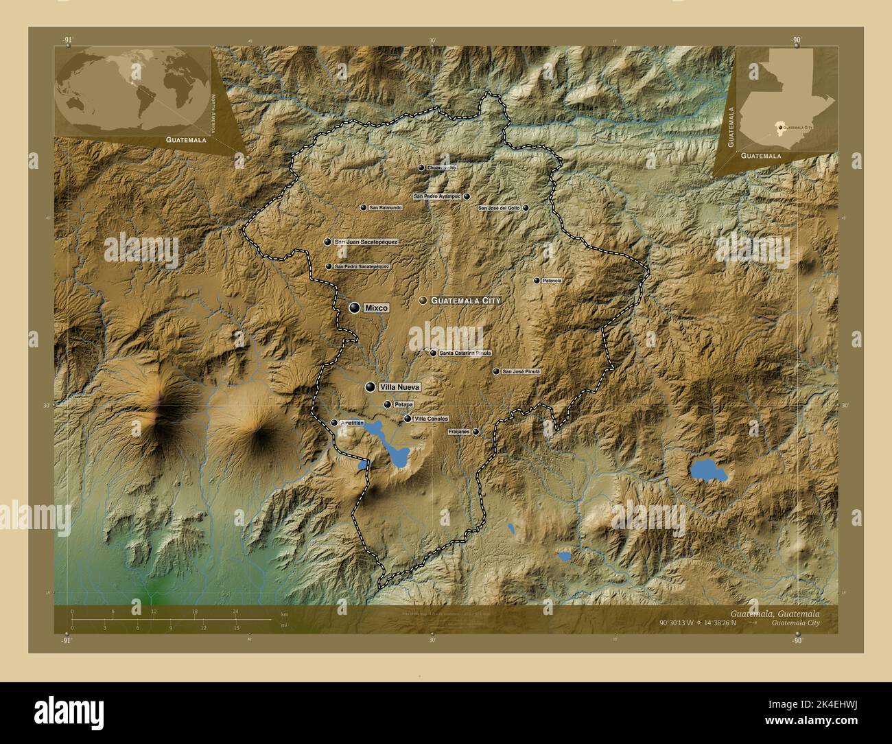 Guatemala, department of Guatemala. Colored elevation map with lakes ...