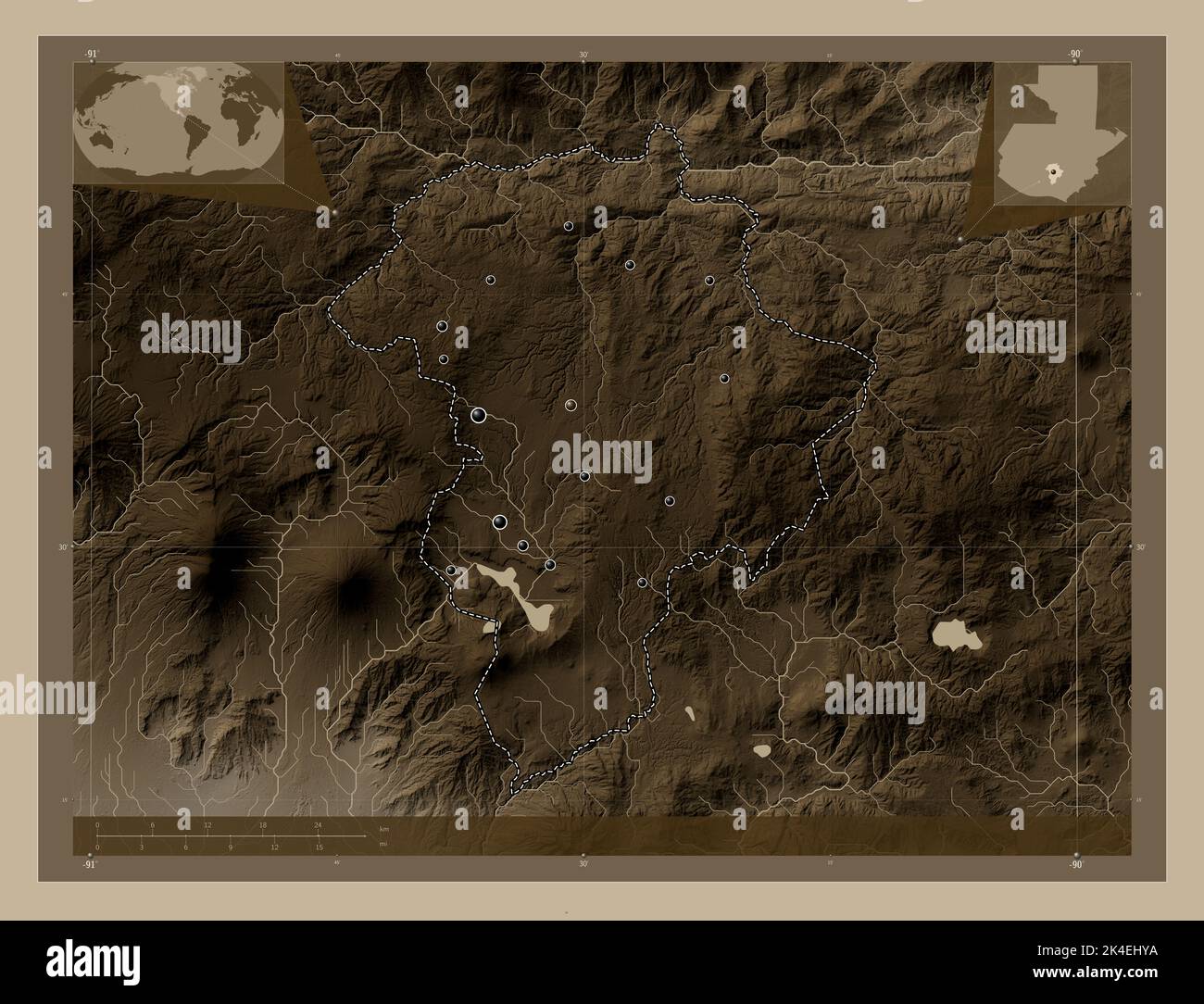 Guatemala, department of Guatemala. Elevation map colored in sepia ...