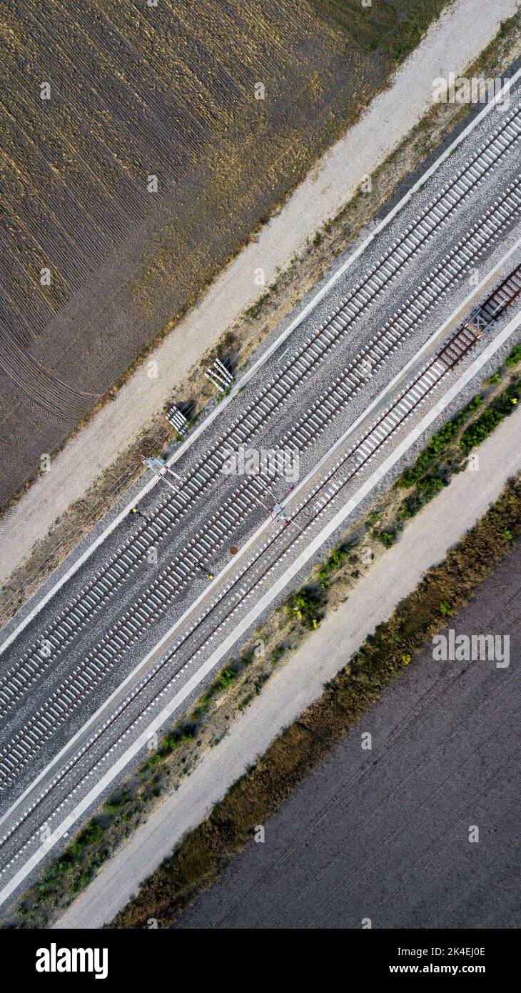Aerial View Of Railroad Tracks And Gravel Roads in Rural Landscape with ...