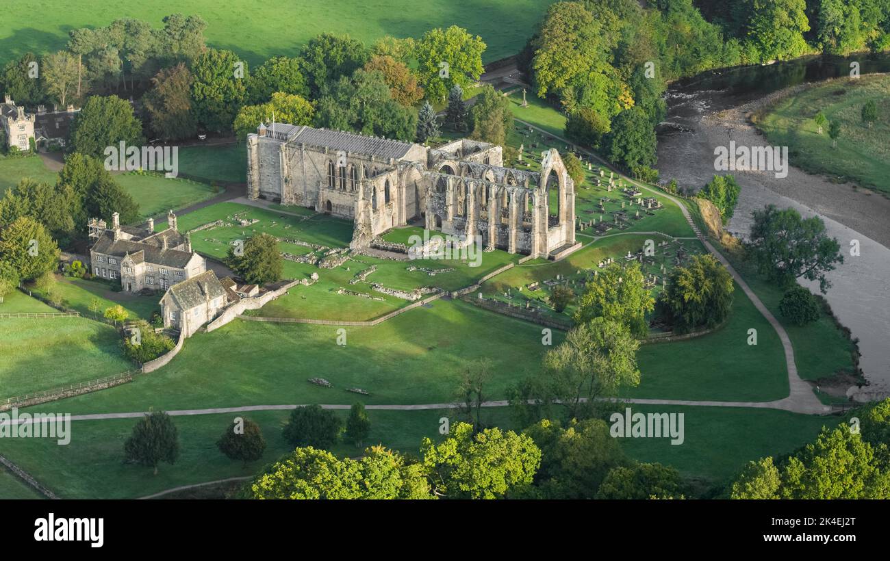 Early morning sunshine illuminates Bolton Abbey in Wharfedale, North ...