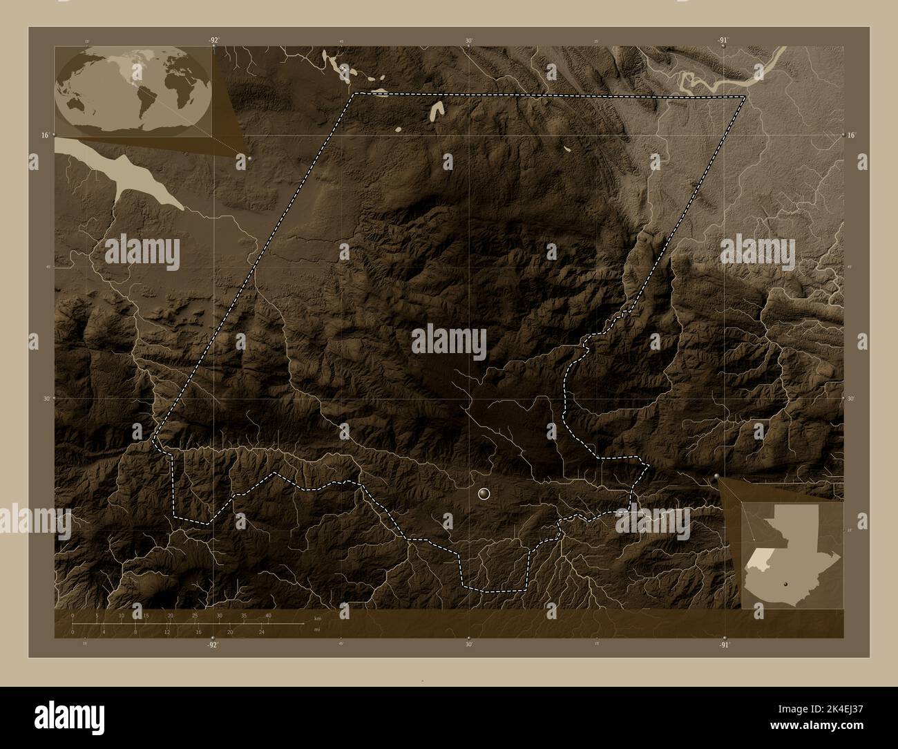 Huehuetenango, department of Guatemala. Elevation map colored in sepia ...
