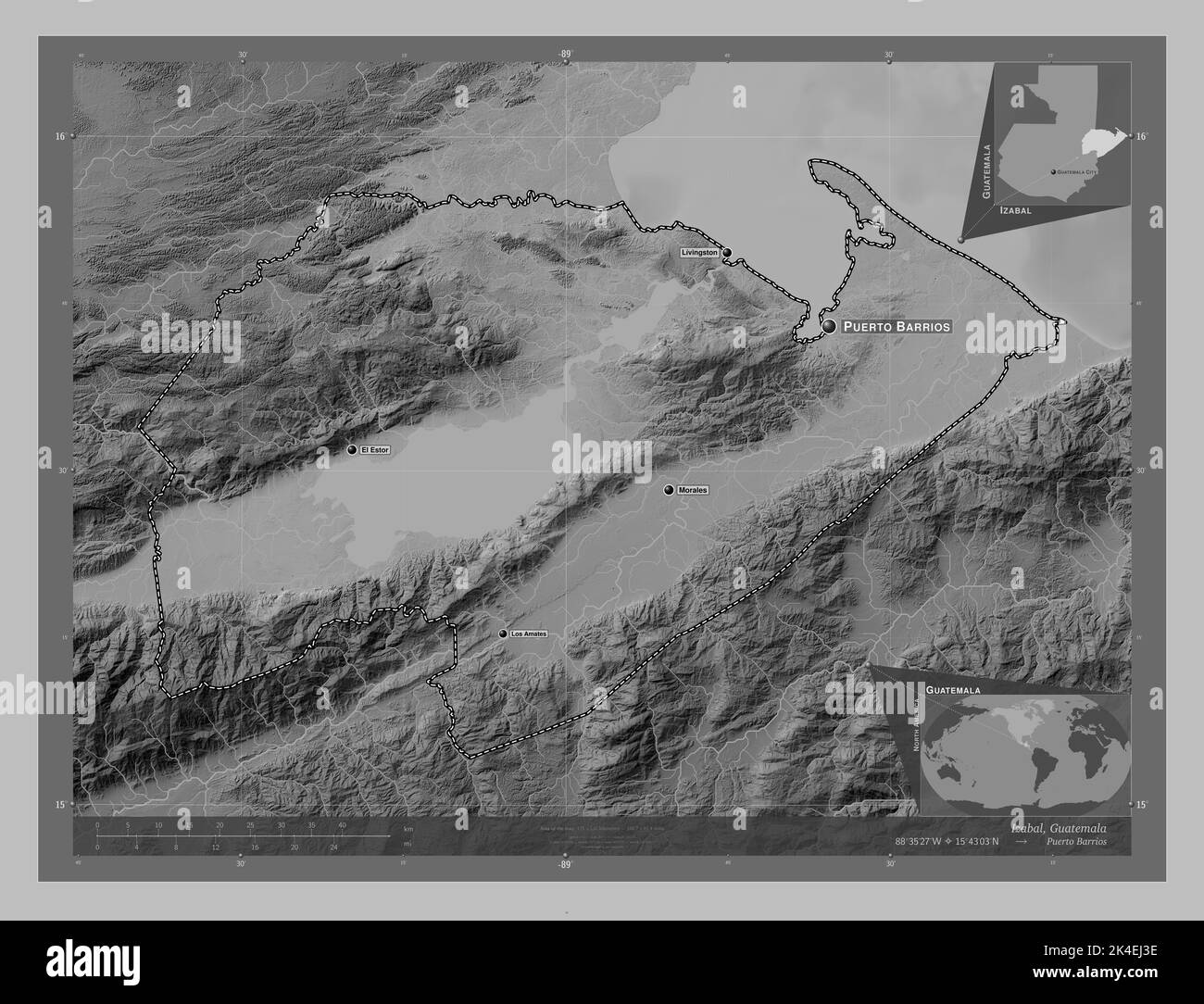 Izabal, department of Guatemala. Grayscale elevation map with lakes and ...