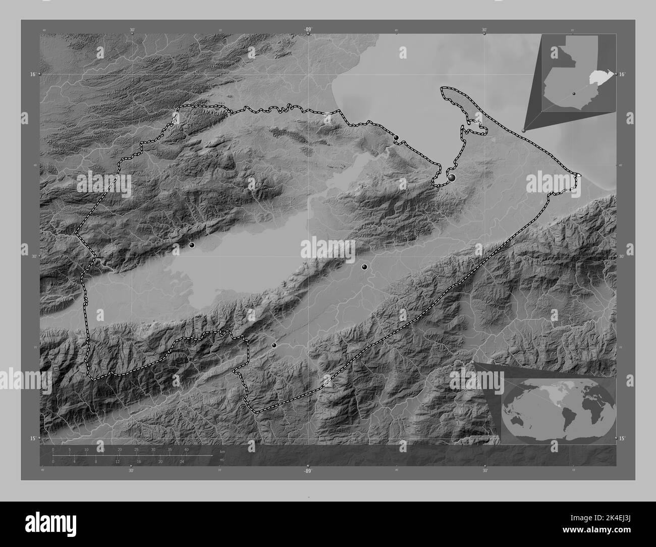 Izabal, department of Guatemala. Grayscale elevation map with lakes and ...
