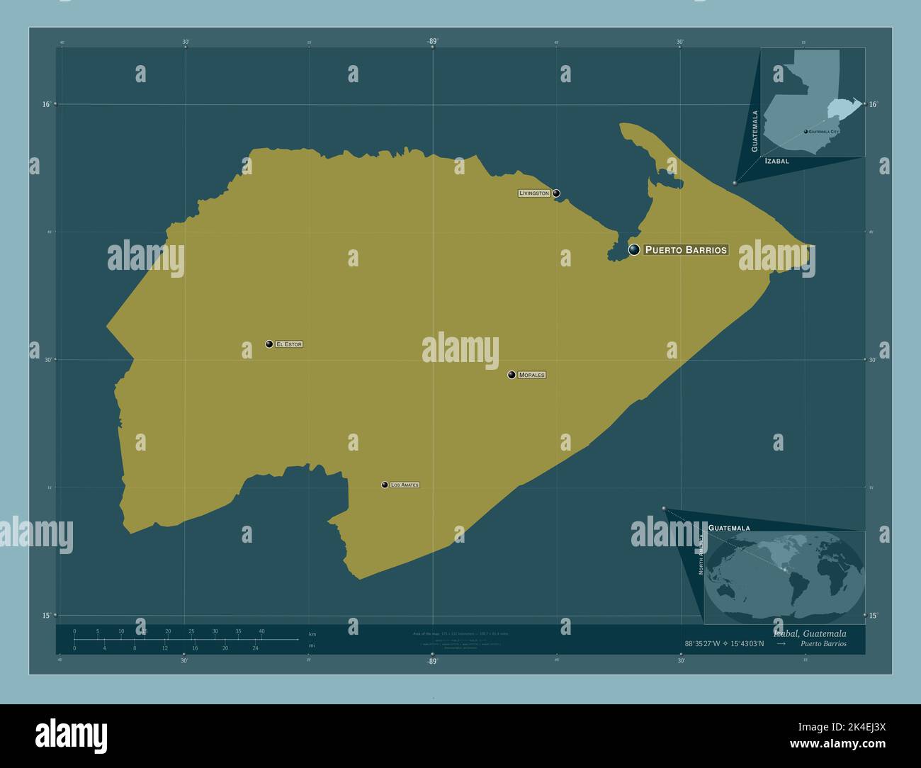 Izabal, department of Guatemala. Solid color shape. Locations and names ...
