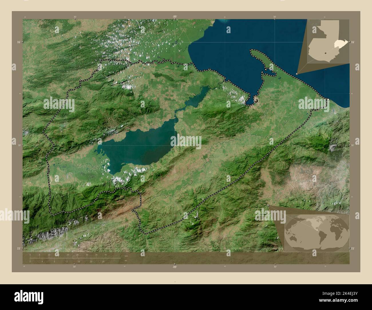 Izabal, department of Guatemala. High resolution satellite map. Corner ...