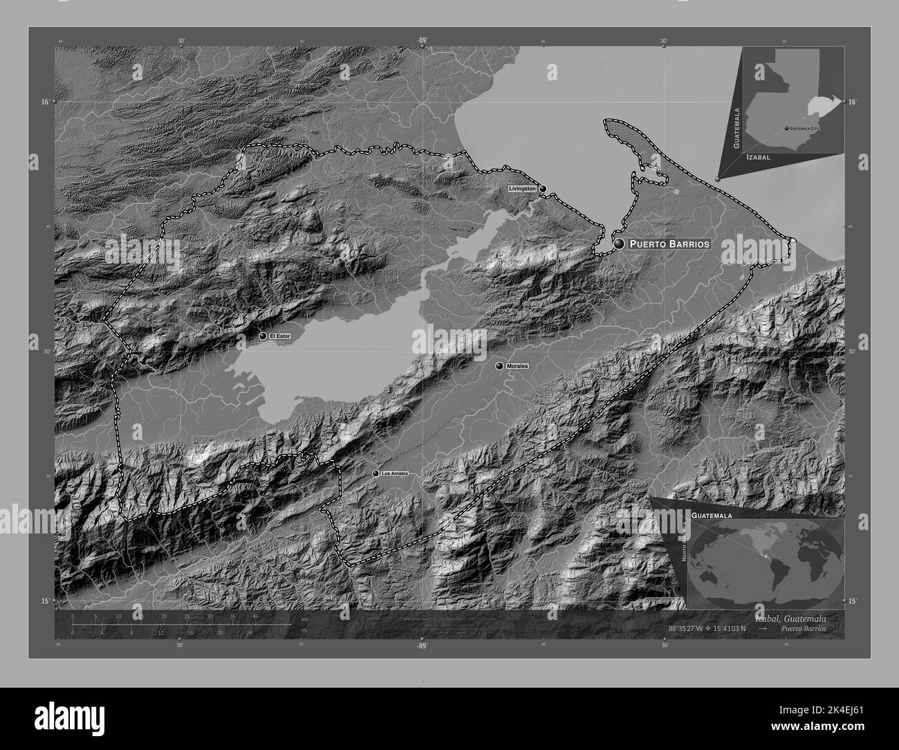 Izabal, department of Guatemala. Bilevel elevation map with lakes and ...