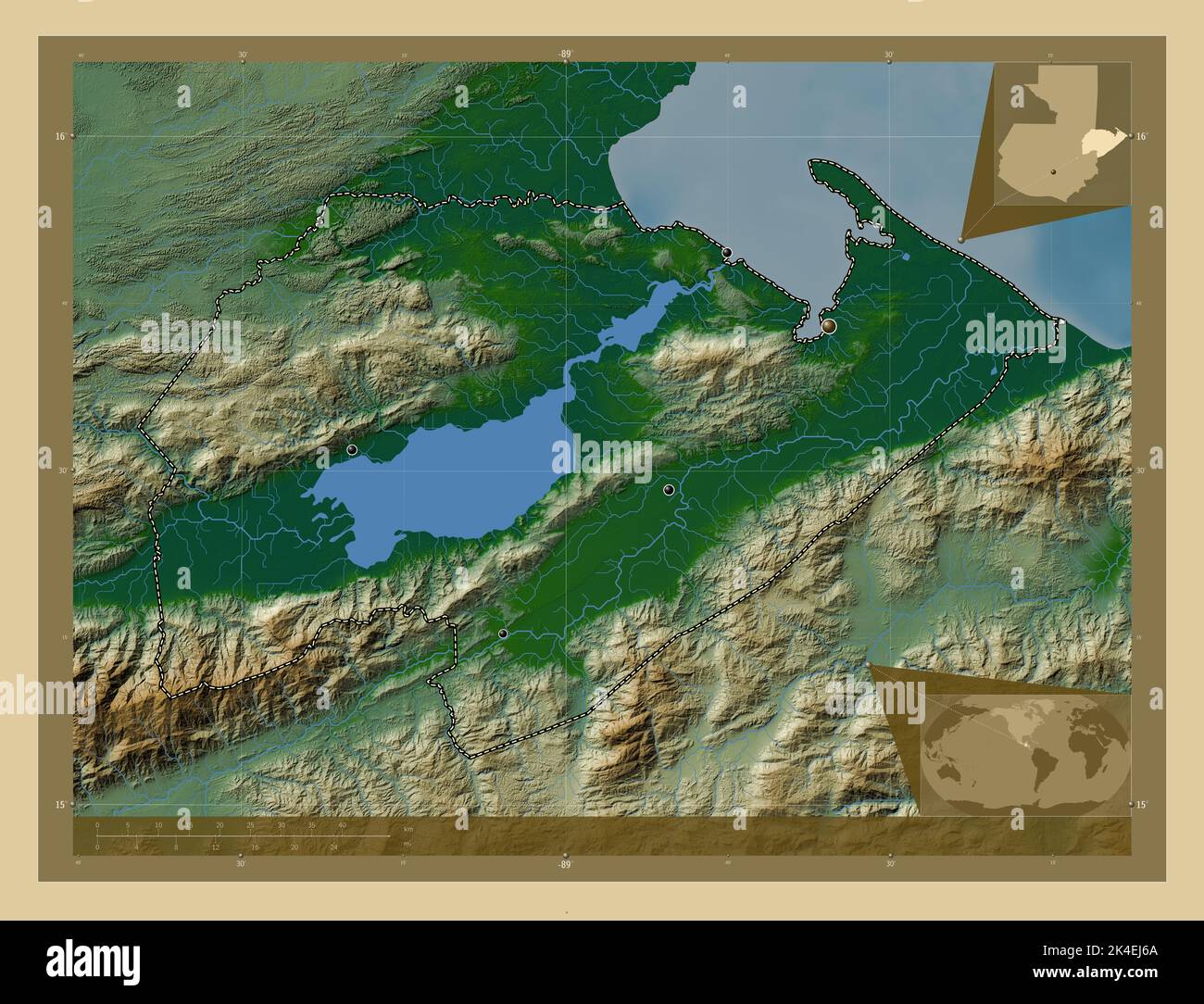 Izabal, department of Guatemala. Colored elevation map with lakes and ...