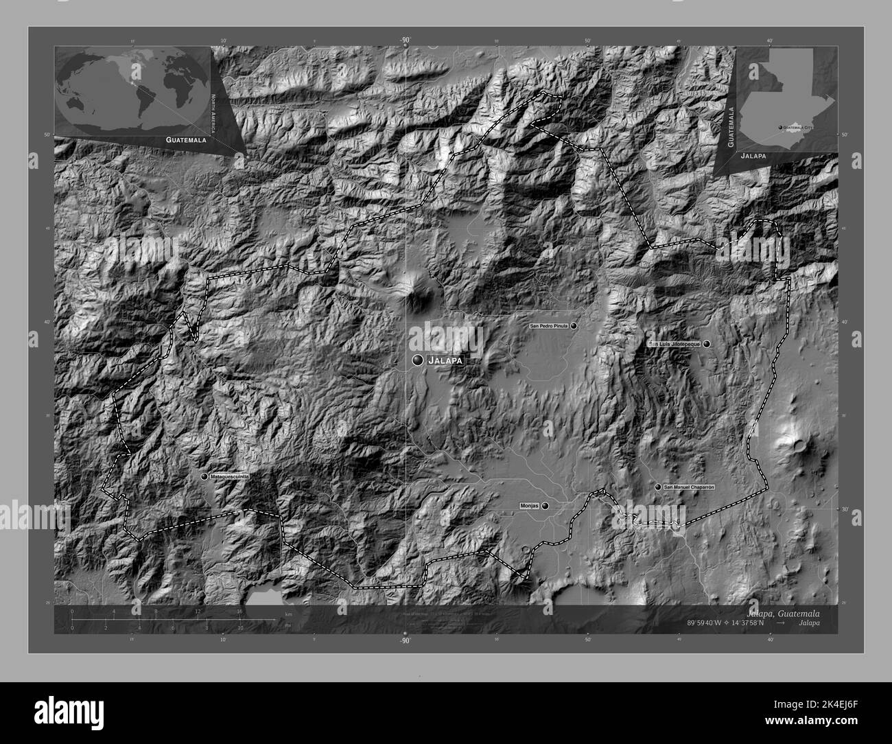 Jalapa, department of Guatemala. Bilevel elevation map with lakes and ...