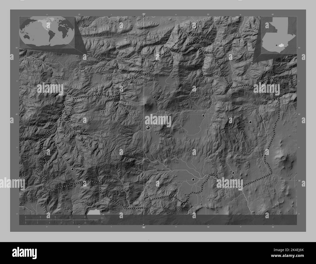 Jalapa, department of Guatemala. Grayscale elevation map with lakes and ...