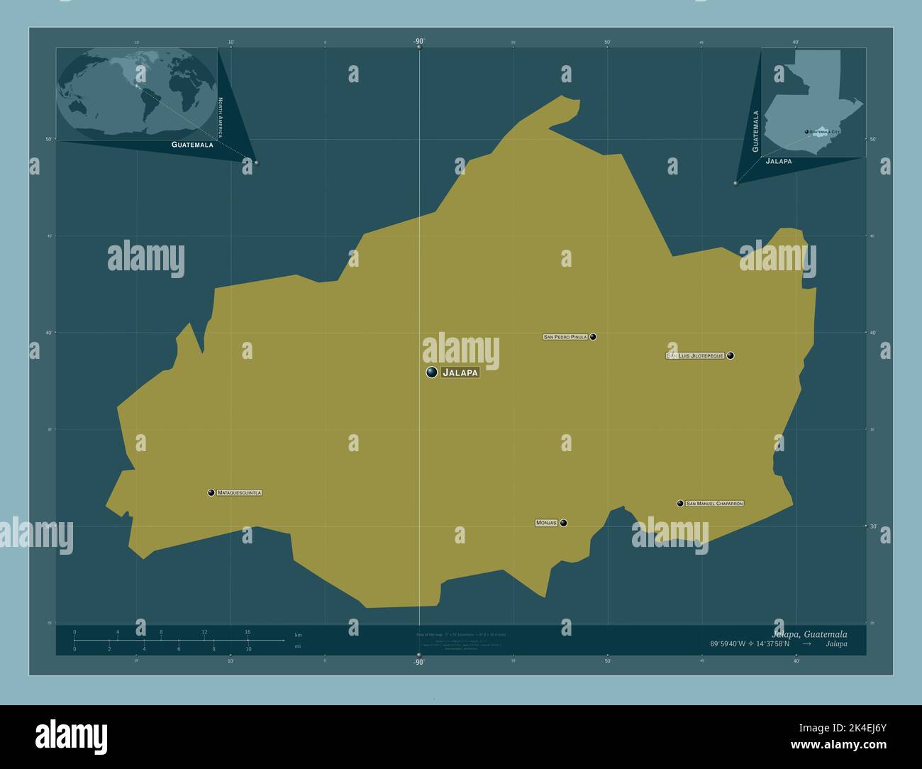 Jalapa, department of Guatemala. Solid color shape. Locations and names ...