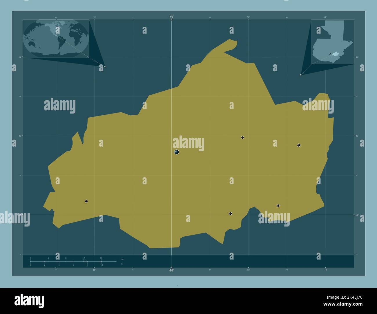Jalapa, department of Guatemala. Solid color shape. Locations of major cities of the region ...