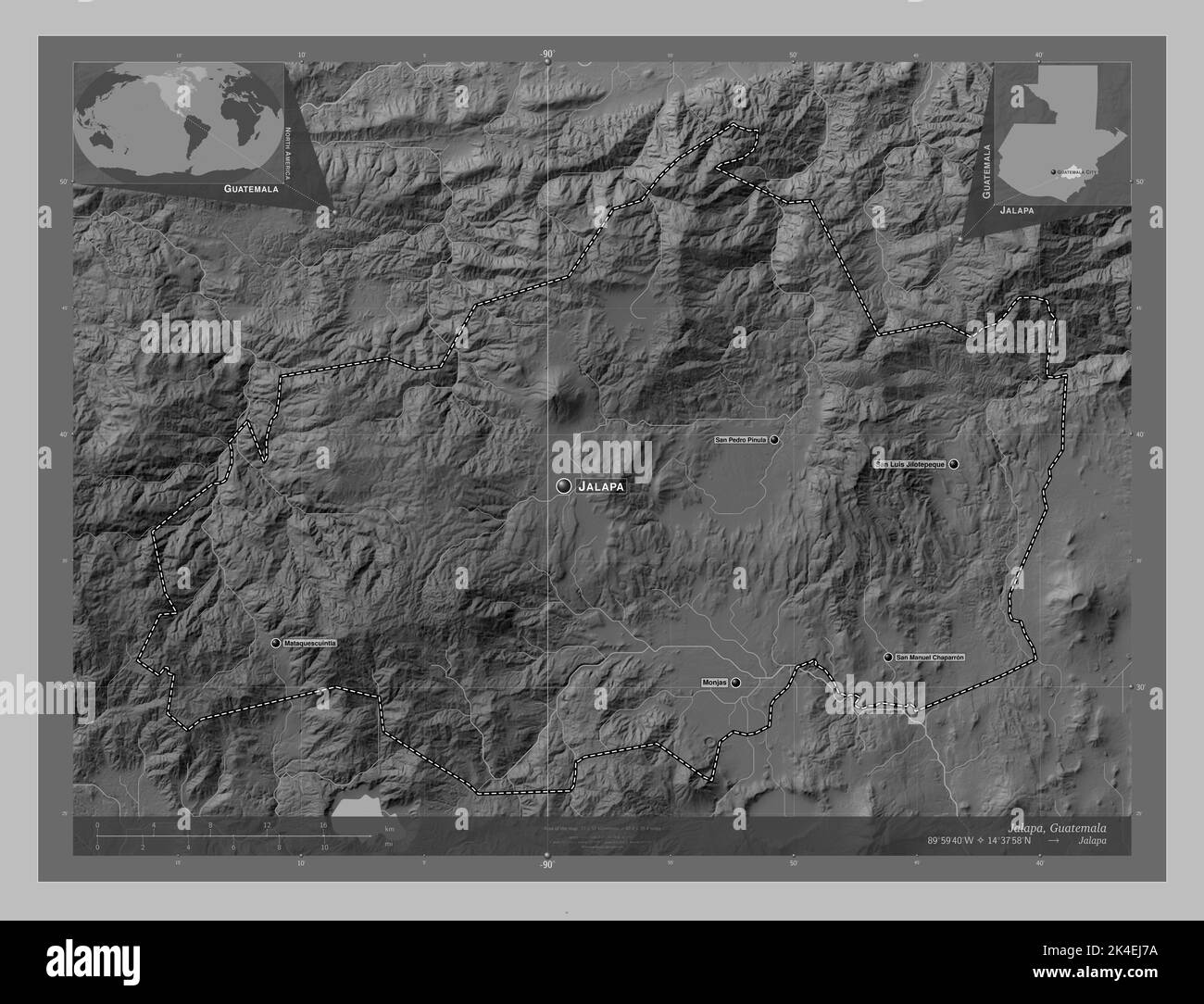 Jalapa, department of Guatemala. Grayscale elevation map with lakes and ...