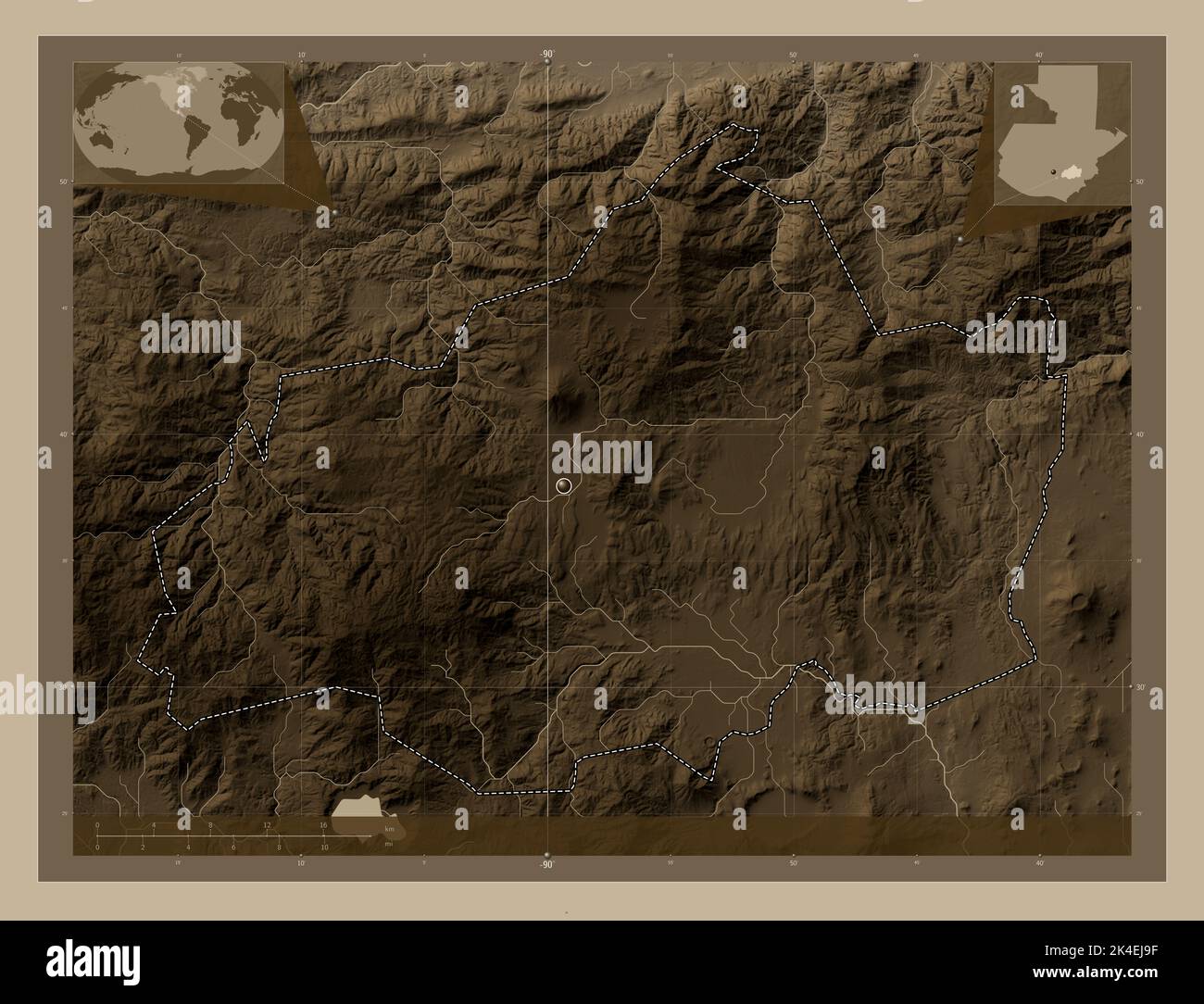 Jalapa, department of Guatemala. Elevation map colored in sepia tones ...