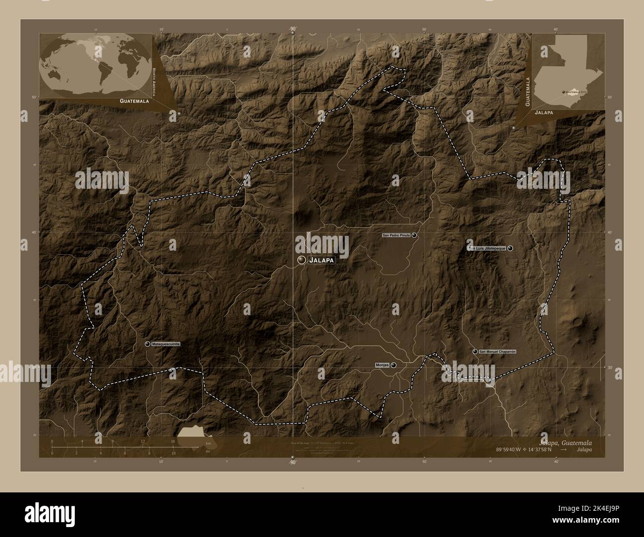 Jalapa, department of Guatemala. Elevation map colored in sepia tones ...