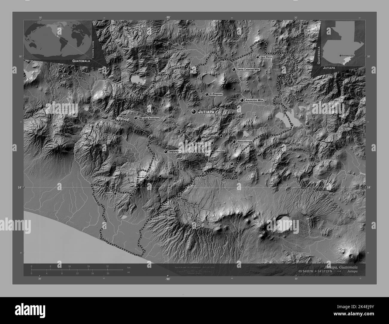 Jutiapa, department of Guatemala. Bilevel elevation map with lakes and ...