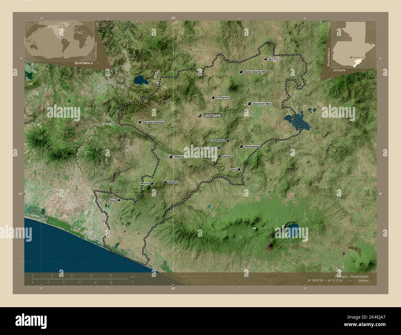 Jutiapa, department of Guatemala. High resolution satellite map. Locations and names of major ...