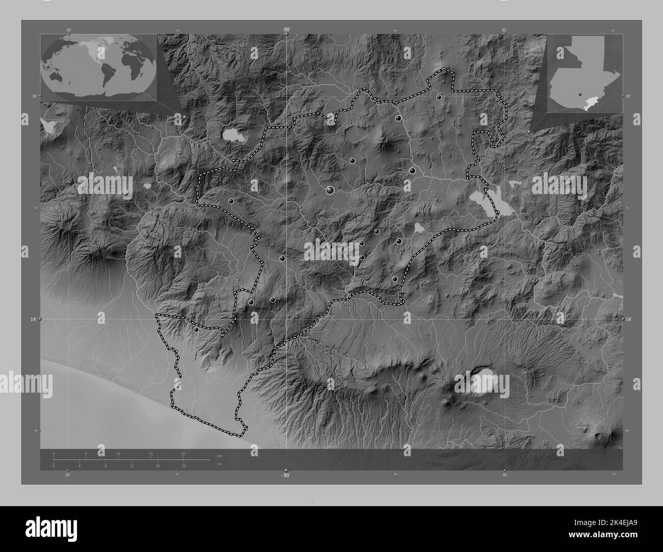 Jutiapa, department of Guatemala. Grayscale elevation map with lakes ...