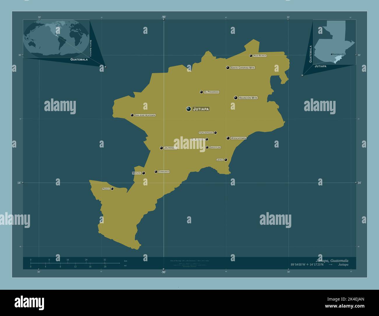 Jutiapa, department of Guatemala. Solid color shape. Locations and names of major cities of the ...
