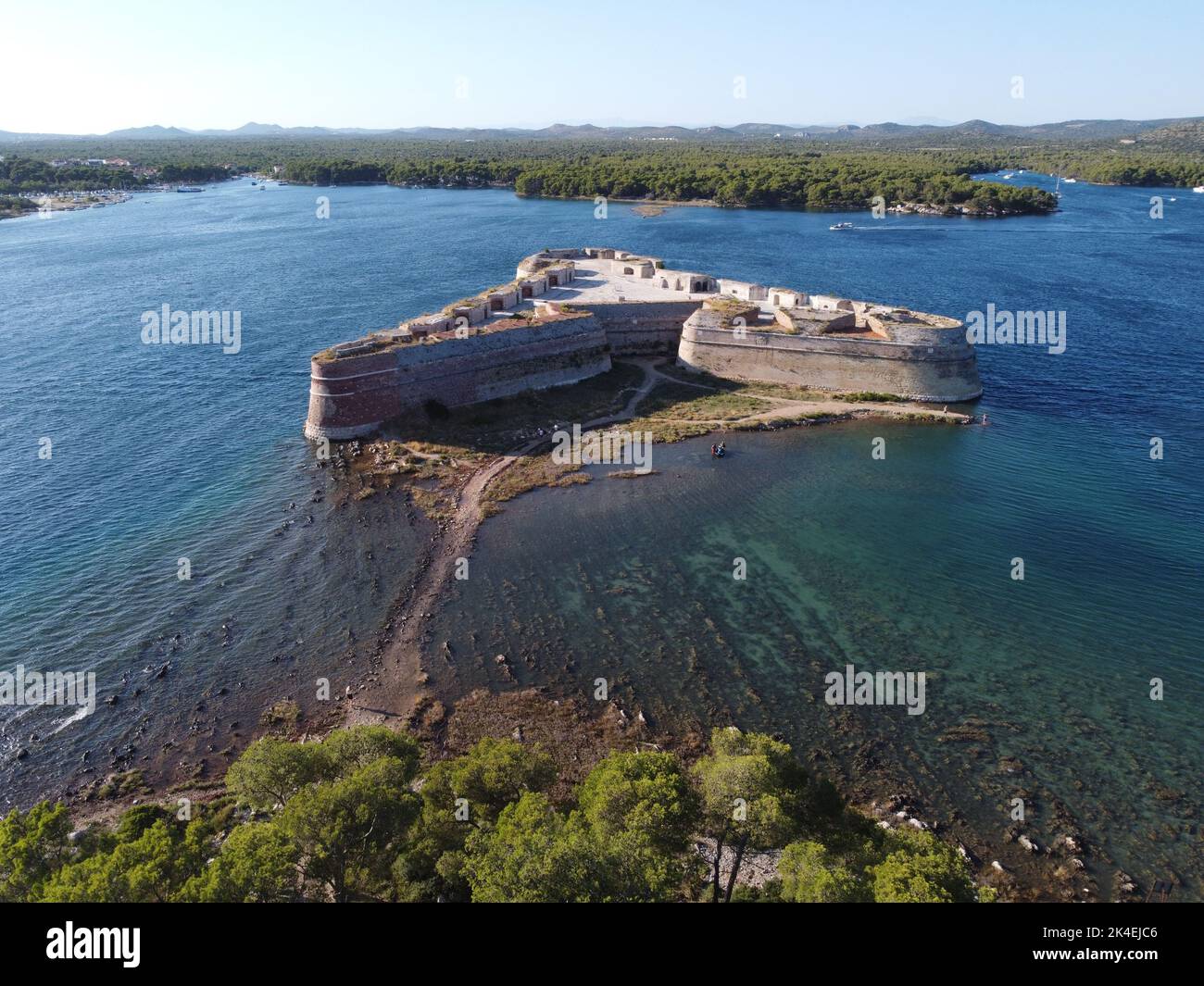 An aerial top view of St. Nicholas fortress on the premises of Sibenik ...